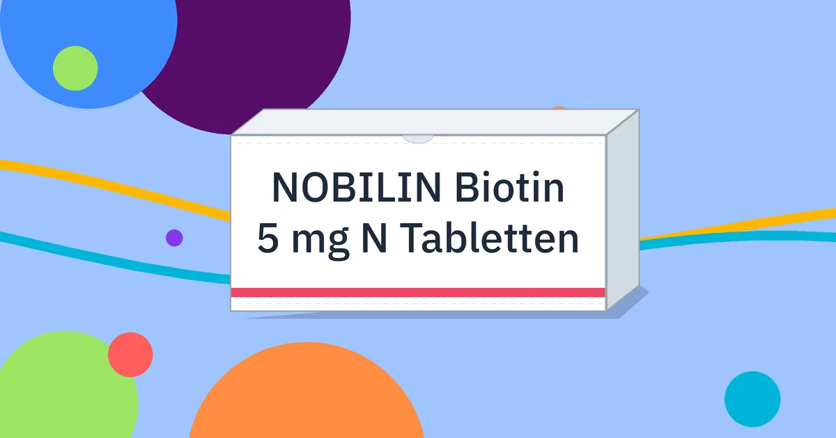 Symbolbild: Packung mit der Aufschrift NOBILIN Biotin 5 mg N Tabletten (PZN 05541640) – Verfügbarkeit und Bezug in Apotheken in Frankfurt am Main