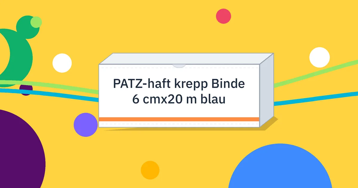Symbolbild: Packung mit der Aufschrift PATZ-haft krepp Binde 6 cmx20 m blau (PZN 06814778) – Verfügbarkeit und Bezug in Apotheken in Frankfurt am Main