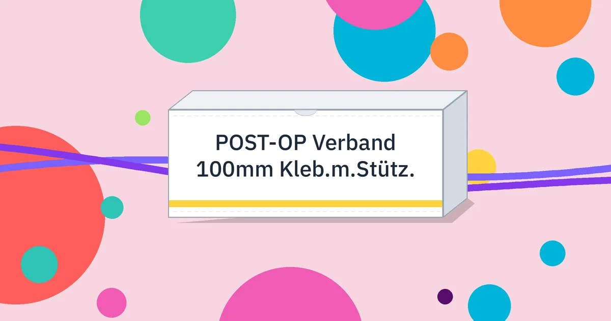 Symbolbild: Packung mit der Aufschrift POST-OP Verband 100mm Kleb.m.Stütz. (PZN 03909892) – Verfügbarkeit und Bezug in Apotheken in Frankfurt am Main