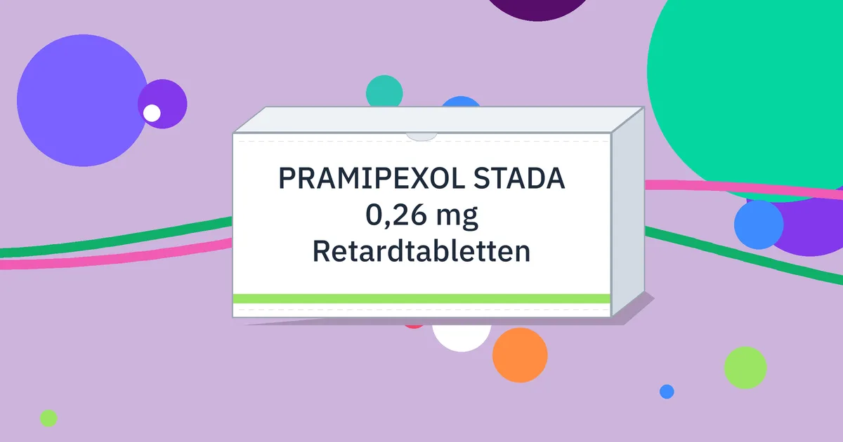 Symbolbild: Packung mit der Aufschrift PRAMIPEXOL STADA 0,26 mg Retardtabletten (PZN 16732975) – Verfügbarkeit und Bezug in Apotheken in Frankfurt am Main