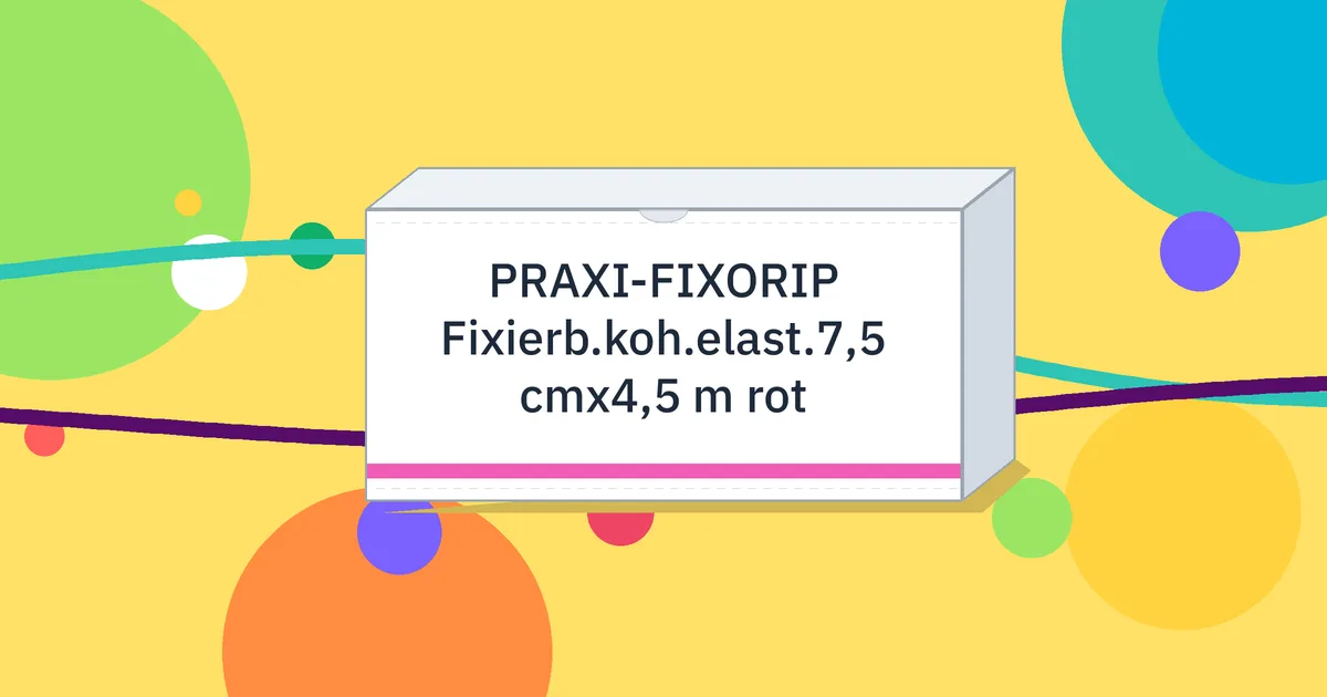 Symbolbild: Packung mit der Aufschrift PRAXI-FIXORIP Fixierb.koh.elast.7,5 cmx4,5 m rot (PZN 17490095) – Verfügbarkeit und Bezug in Apotheken in Frankfurt am Main