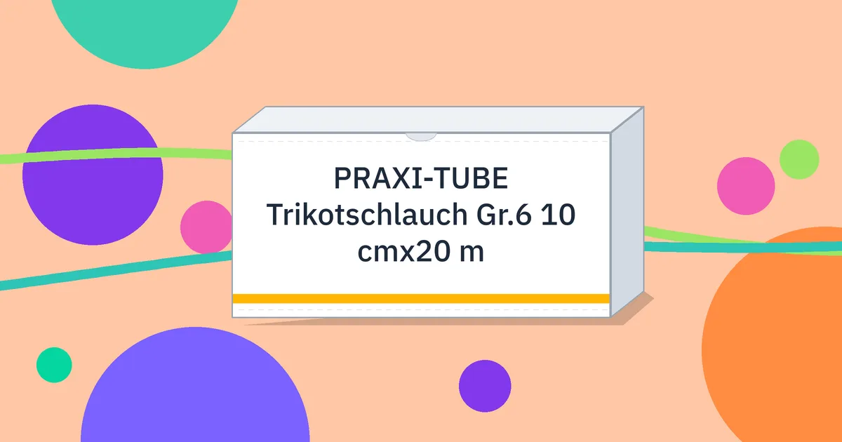 Symbolbild: Packung mit der Aufschrift PRAXI-TUBE Trikotschlauch Gr.6 10 cmx20 m (PZN 12828069) – Verfügbarkeit und Bezug in Apotheken in Frankfurt am Main