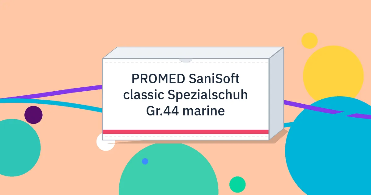 Symbolbild: Packung mit der Aufschrift PROMED SaniSoft classic Spezialschuh Gr.44 marine (PZN 19274266) – Verfügbarkeit und Bezug in Apotheken in Frankfurt am Main