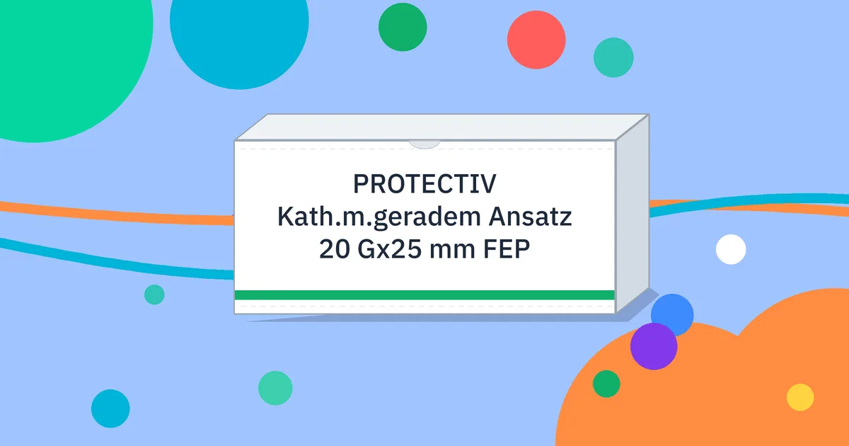 Symbolbild: Packung mit der Aufschrift PROTECTIV Kath.m.geradem Ansatz 20 Gx25 mm FEP (PZN 08418673) – Verfügbarkeit und Bezug in Apotheken in Frankfurt am Main