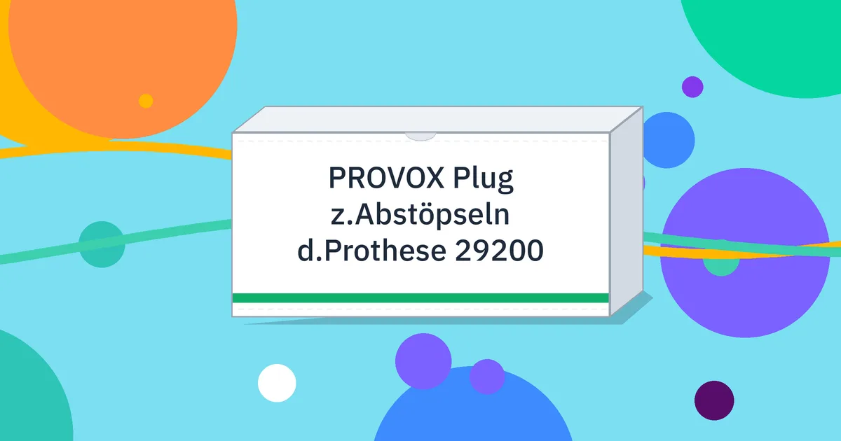 Symbolbild: Packung mit der Aufschrift PROVOX Plug z.Abstöpseln d.Prothese 29200 (PZN 00500501) – Verfügbarkeit und Bezug in Apotheken in Frankfurt am Main