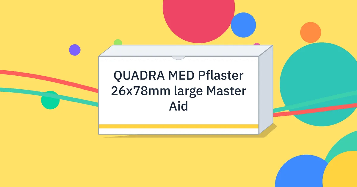 Symbolbild: Packung mit der Aufschrift QUADRA MED Pflaster 26x78mm large Master Aid (PZN 00572587) – Verfügbarkeit und Bezug in Apotheken in Frankfurt am Main