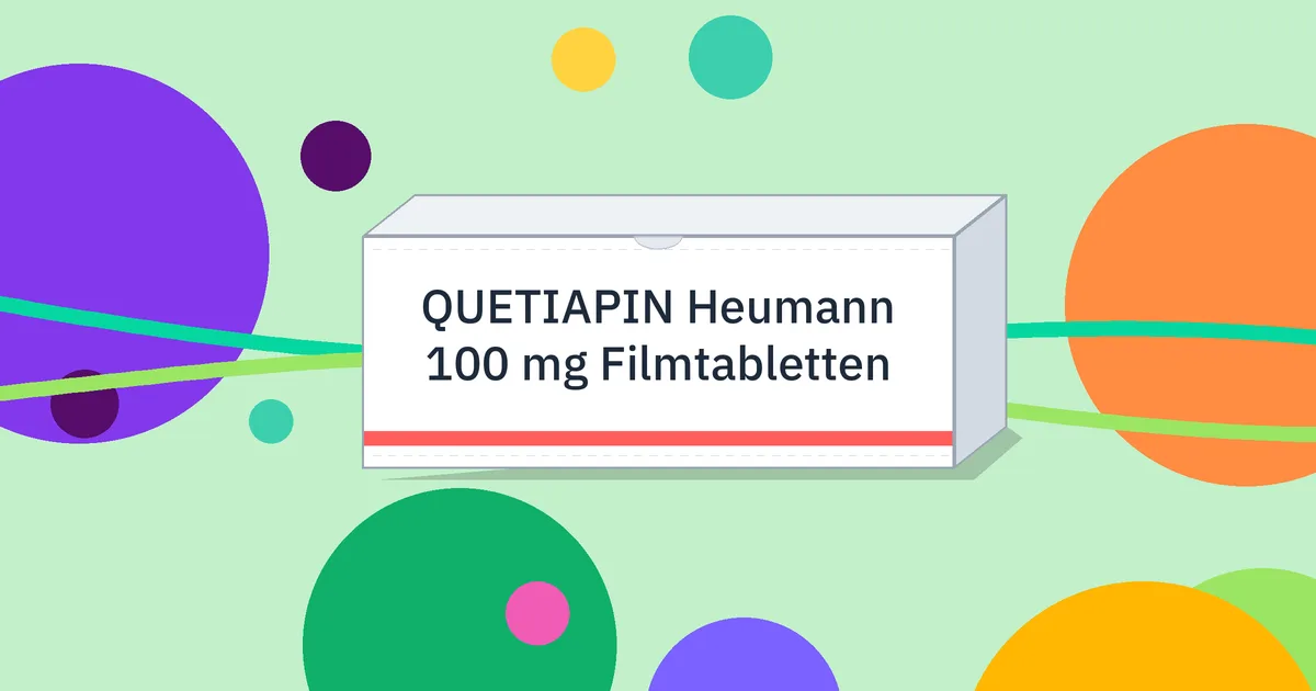 Symbolbild: Packung mit der Aufschrift QUETIAPIN Heumann 100 mg Filmtabletten (PZN 08850689) – Verfügbarkeit und Bezug in Apotheken in Frankfurt am Main