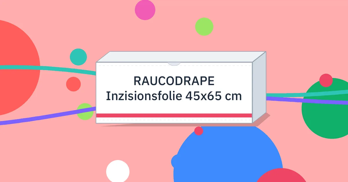 Symbolbild: Packung mit der Aufschrift RAUCODRAPE Inzisionsfolie 45x65 cm (PZN 18134333) – Verfügbarkeit und Bezug in Apotheken in Frankfurt am Main