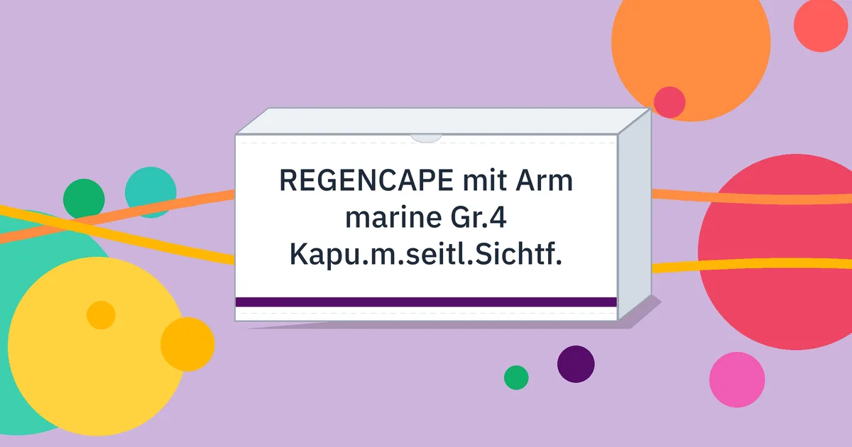 Symbolbild: Packung mit der Aufschrift REGENCAPE mit Arm marine Gr.4 Kapu.m.seitl.Sichtf. (PZN 12606966) – Verfügbarkeit und Bezug in Apotheken in Frankfurt am Main