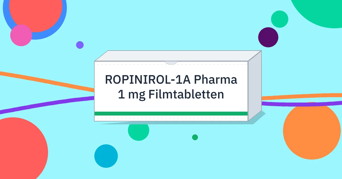 Symbolbild: Packung mit der Aufschrift ROPINIROL-1A Pharma 1 mg Filmtabletten (PZN 05460255) – Verfügbarkeit und Bezug in Apotheken in Frankfurt am Main
