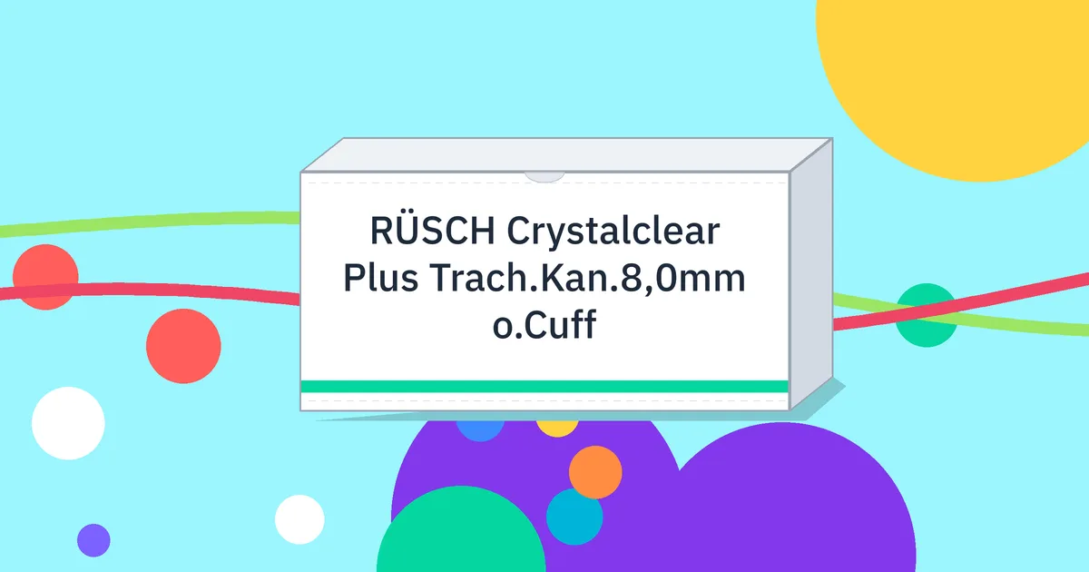 Symbolbild: Packung mit der Aufschrift RÜSCH Crystalclear Plus Trach.Kan.8,0mm o.Cuff (PZN 03433544) – Verfügbarkeit und Bezug in Apotheken in Frankfurt am Main