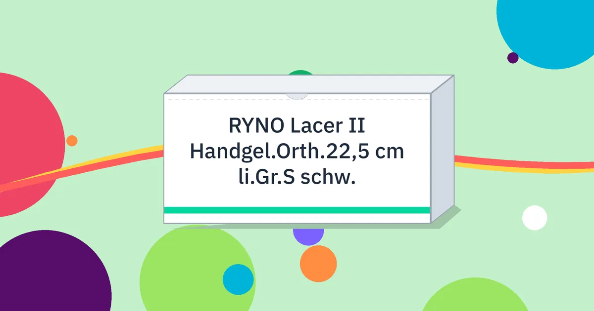 Symbolbild: Packung mit der Aufschrift RYNO Lacer II Handgel.Orth.22,5 cm li.Gr.S schw. (PZN 14048571) – Verfügbarkeit und Bezug in Apotheken in Frankfurt am Main