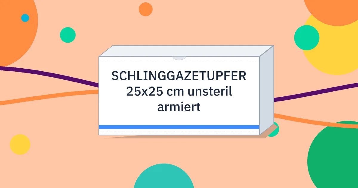 Symbolbild: Packung mit der Aufschrift SCHLINGGAZETUPFER 25x25 cm unsteril armiert (PZN 07200328) – Verfügbarkeit und Bezug in Apotheken in Frankfurt am Main