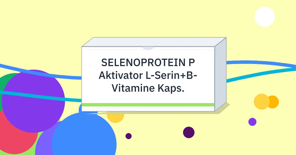 Symbolbild: Packung mit der Aufschrift SELENOPROTEIN P Aktivator L-Serin+B-Vitamine Kaps. (PZN 19440500) – Verfügbarkeit und Bezug in Apotheken in Frankfurt am Main