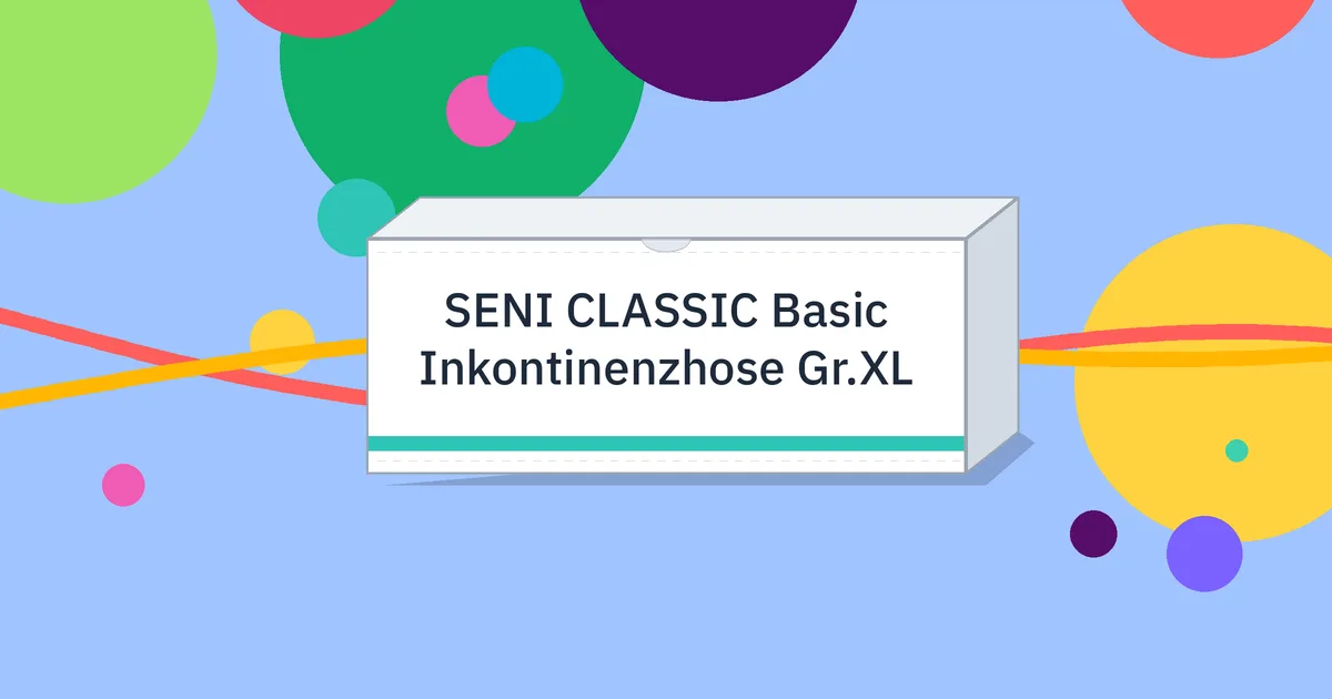 Symbolbild: Packung mit der Aufschrift SENI CLASSIC Basic Inkontinenzhose Gr.XL (PZN 15565989) – Verfügbarkeit und Bezug in Apotheken in Frankfurt am Main
