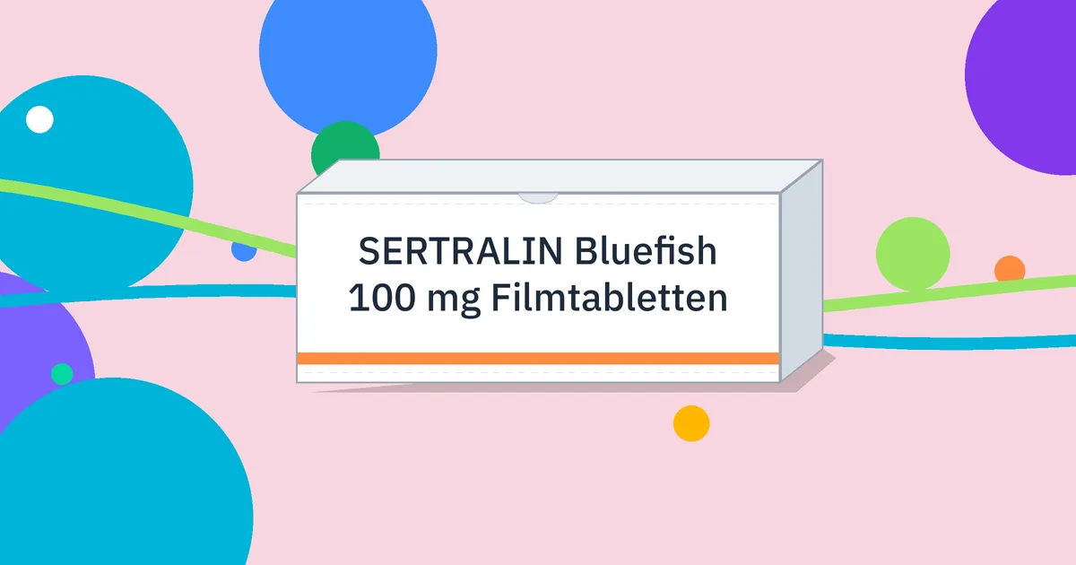 Symbolbild: Packung mit der Aufschrift SERTRALIN Bluefish 100 mg Filmtabletten (PZN 09069565) – Verfügbarkeit und Bezug in Apotheken in Frankfurt am Main