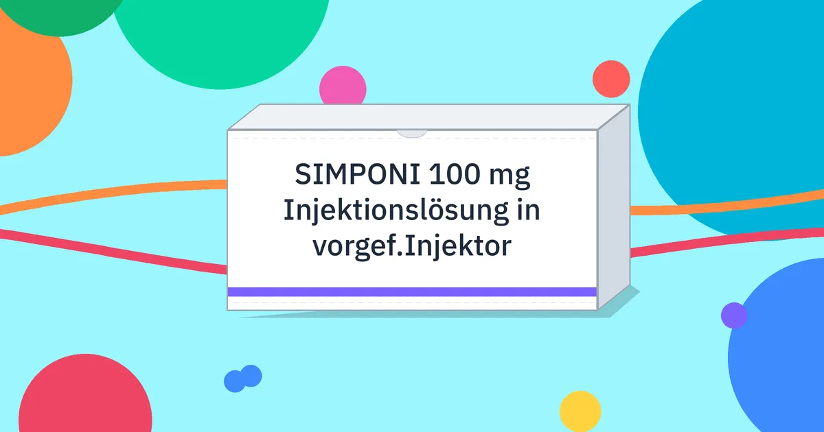 Symbolbild: Packung mit der Aufschrift SIMPONI 100 mg Injektionslösung in vorgef.Injektor (PZN 10797330) – Verfügbarkeit und Bezug in Apotheken in Frankfurt am Main