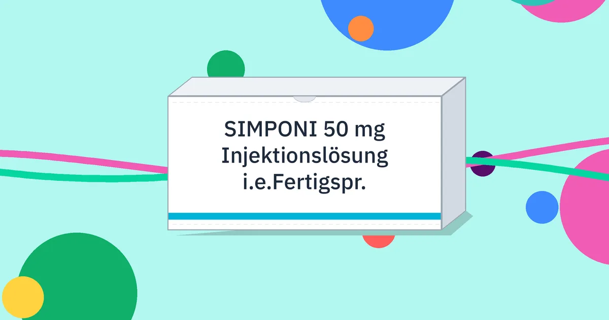 Symbolbild: Packung mit der Aufschrift SIMPONI 50 mg Injektionslösung i.e.Fertigspr. (PZN 19643189) – Verfügbarkeit und Bezug in Apotheken in Frankfurt am Main