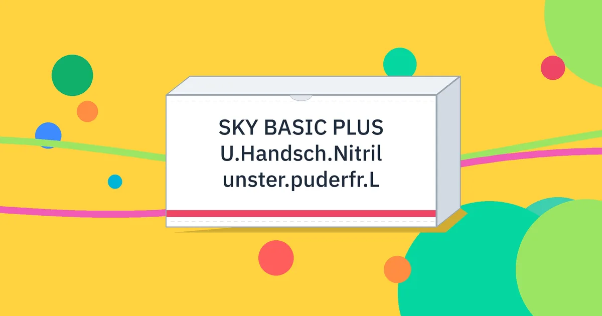 Symbolbild: Packung mit der Aufschrift SKY BASIC PLUS U.Handsch.Nitril unster.puderfr.L (PZN 15570186) – Verfügbarkeit und Bezug in Apotheken in Frankfurt am Main