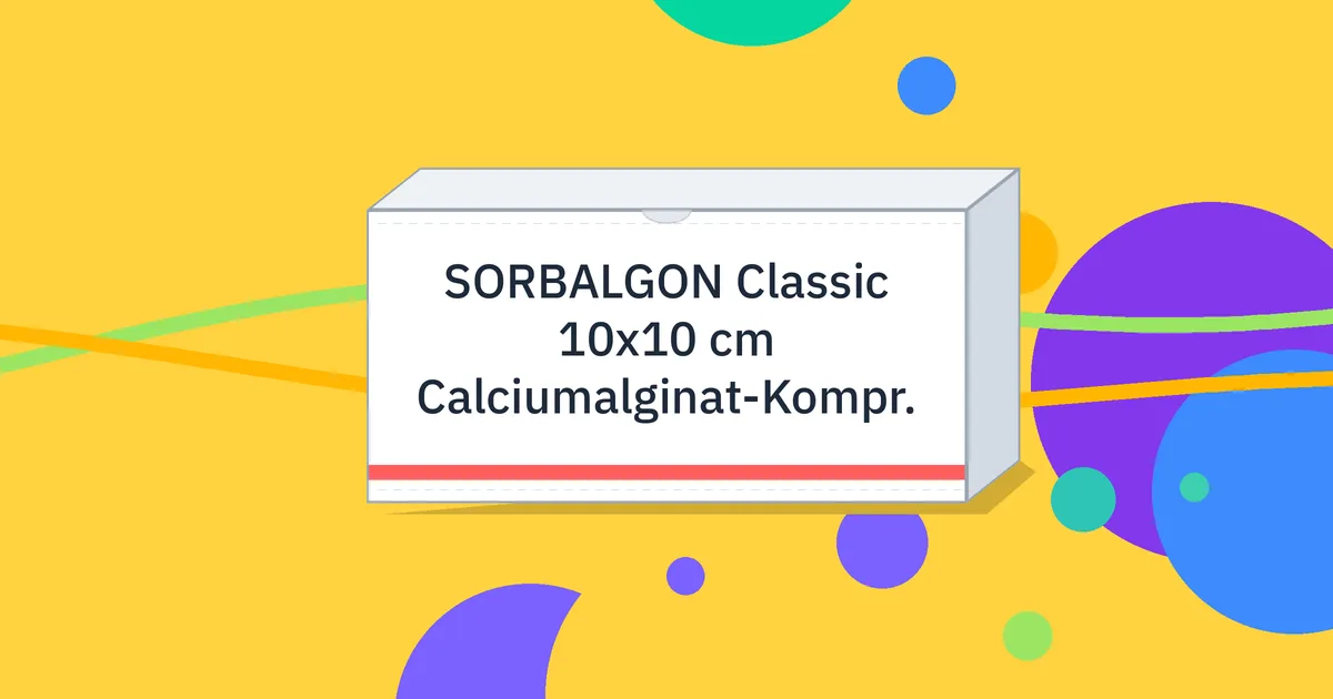 Symbolbild: Packung mit der Aufschrift SORBALGON Classic 10x10 cm Calciumalginat-Kompr. (PZN 19059421) – Verfügbarkeit und Bezug in Apotheken in Frankfurt am Main