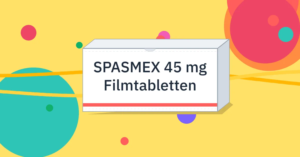 Symbolbild: Packung mit der Aufschrift SPASMEX 45 mg Filmtabletten (PZN 10088929) – Verfügbarkeit und Bezug in Apotheken in Frankfurt am Main