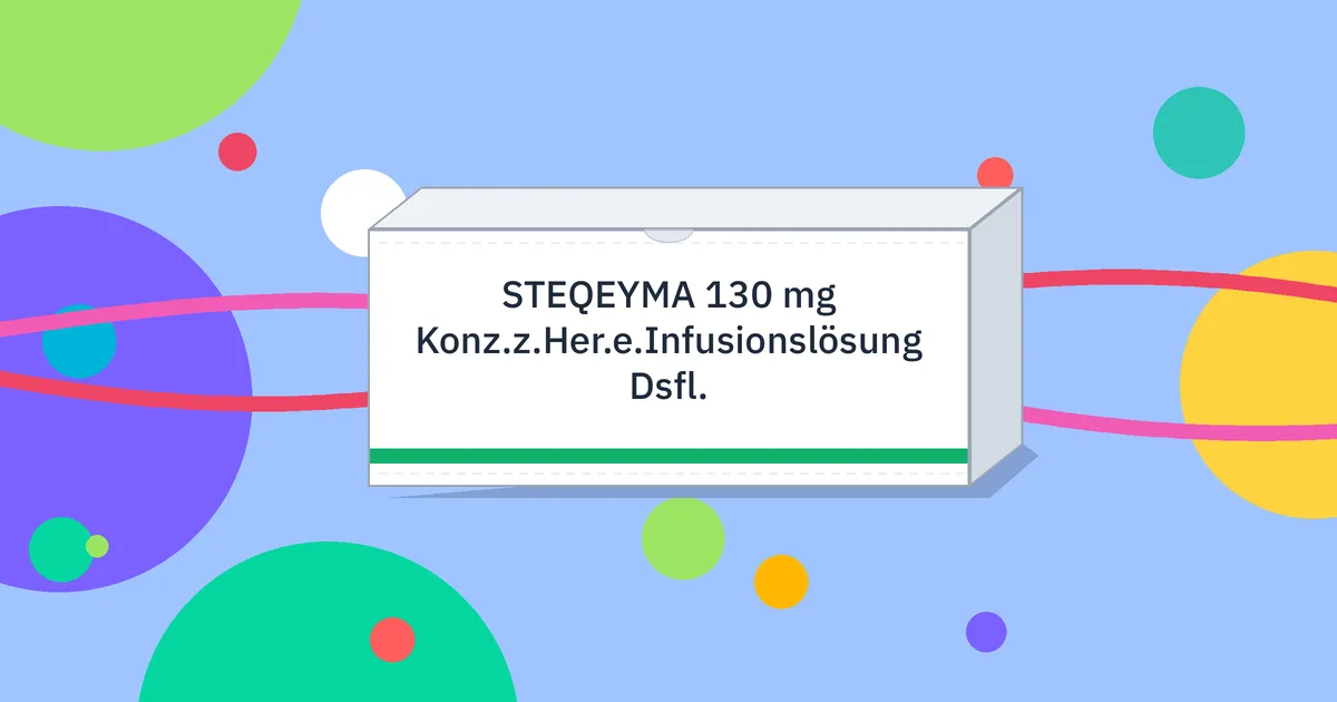 Symbolbild: Packung mit der Aufschrift STEQEYMA 130 mg Konz.z.Her.e.Infusionslösung Dsfl. (PZN 19847816) – Verfügbarkeit und Bezug in Apotheken in Frankfurt am Main