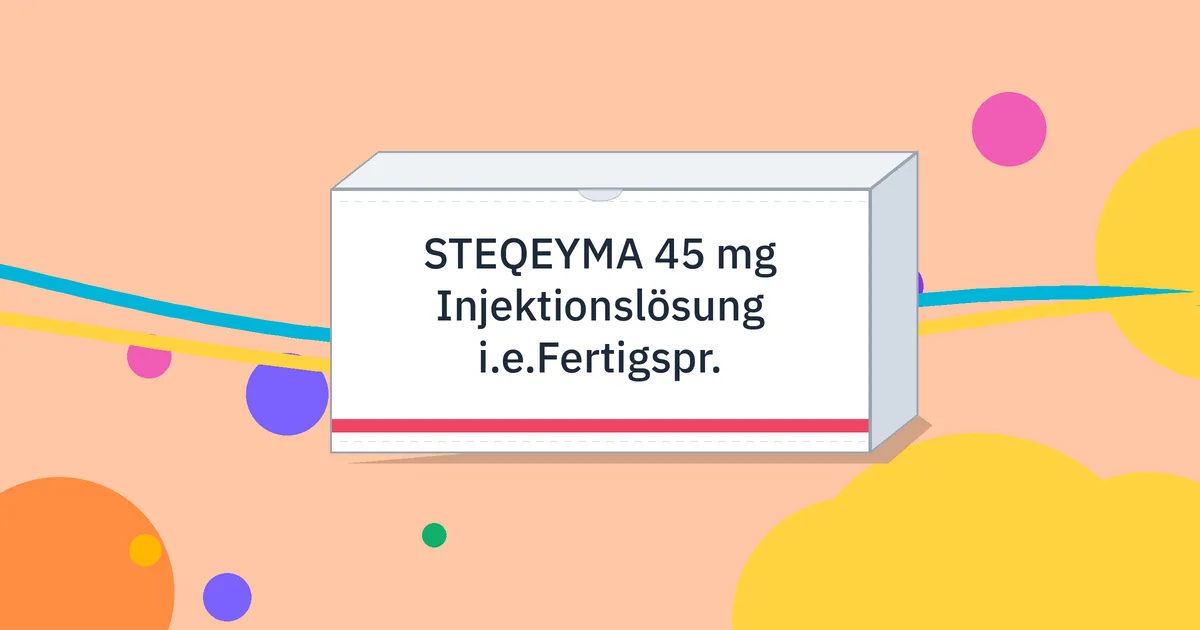 Symbolbild: Packung mit der Aufschrift STEQEYMA 45 mg Injektionslösung i.e.Fertigspr. (PZN 19175191) – Verfügbarkeit und Bezug in Apotheken in Frankfurt am Main