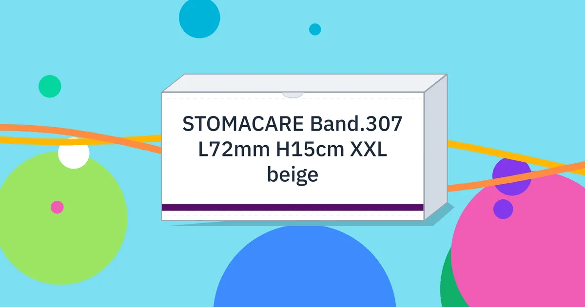 Symbolbild: Packung mit der Aufschrift STOMACARE Band.307 L72mm H15cm XXL beige (PZN 04307356) – Verfügbarkeit und Bezug in Apotheken in Frankfurt am Main