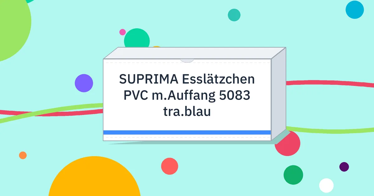 Symbolbild: Packung mit der Aufschrift SUPRIMA Esslätzchen PVC m.Auffang 5083 tra.blau (PZN 01635373) – Verfügbarkeit und Bezug in Apotheken in Frankfurt am Main
