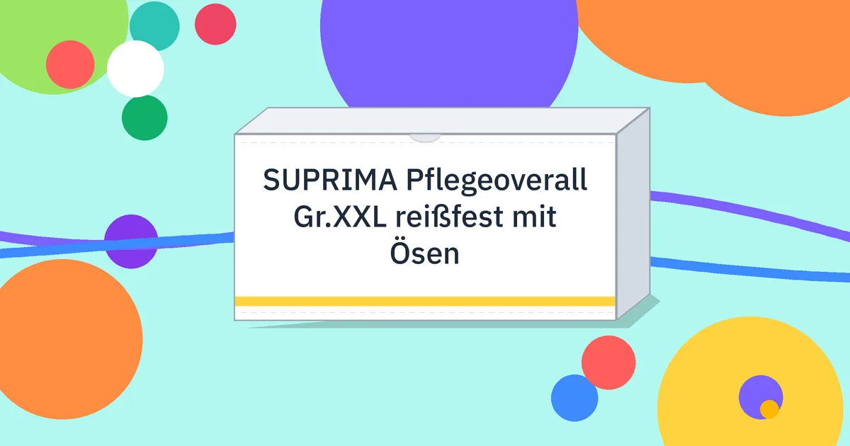 Symbolbild: Packung mit der Aufschrift SUPRIMA Pflegeoverall Gr.XXL reißfest mit Ösen (PZN 00082179) – Verfügbarkeit und Bezug in Apotheken in Frankfurt am Main