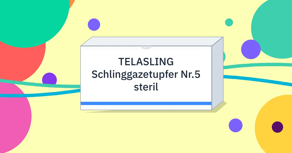 Symbolbild: Packung mit der Aufschrift TELASLING Schlinggazetupfer Nr.5 steril (PZN 06893973) – Verfügbarkeit und Bezug in Apotheken in Frankfurt am Main