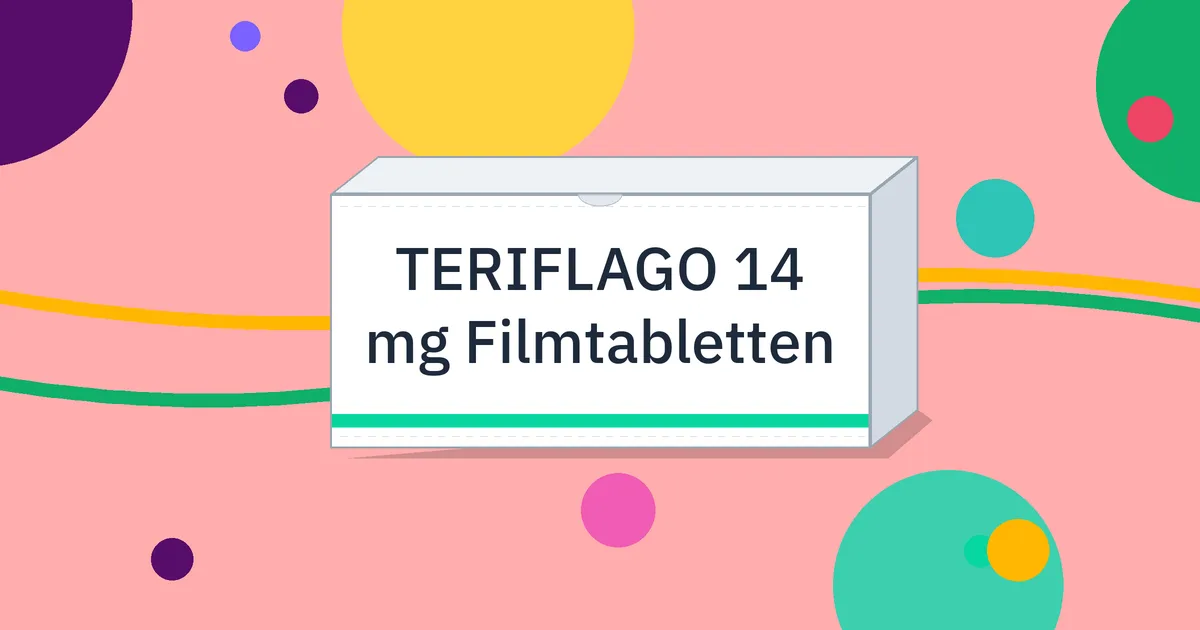 Symbolbild: Packung mit der Aufschrift TERIFLAGO 14 mg Filmtabletten (PZN 19378882) – Verfügbarkeit und Bezug in Apotheken in Frankfurt am Main
