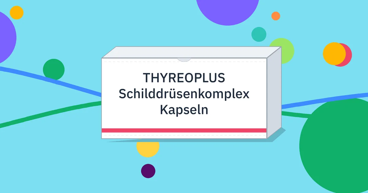 Symbolbild: Packung mit der Aufschrift THYREOPLUS Schilddrüsenkomplex Kapseln (PZN 18229795) – Verfügbarkeit und Bezug in Apotheken in Frankfurt am Main