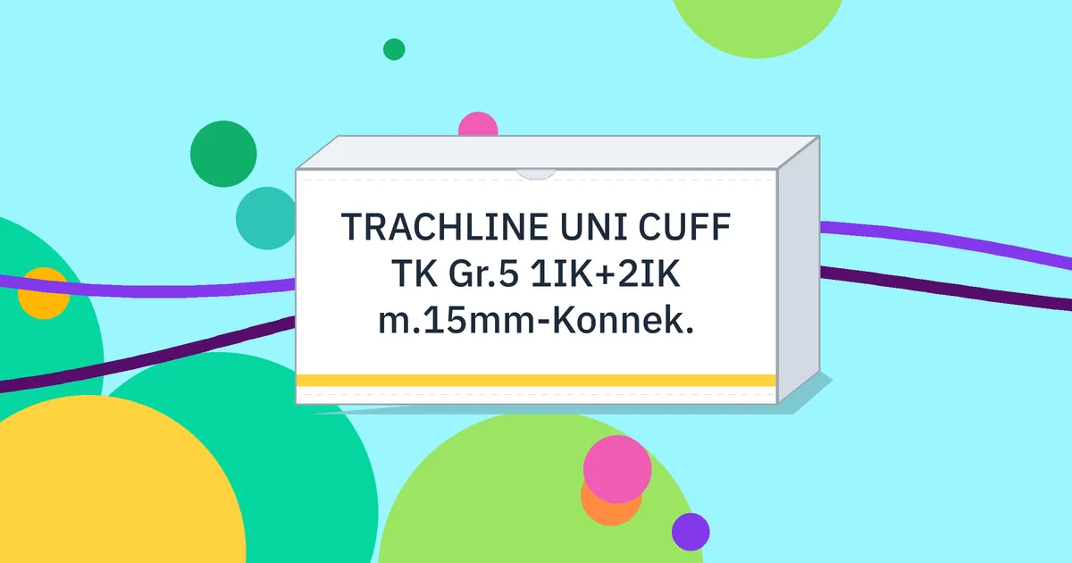 Symbolbild: Packung mit der Aufschrift TRACHLINE UNI CUFF TK Gr.5 1IK+2IK m.15mm-Konnek. (PZN 17156120) – Verfügbarkeit und Bezug in Apotheken in Frankfurt am Main