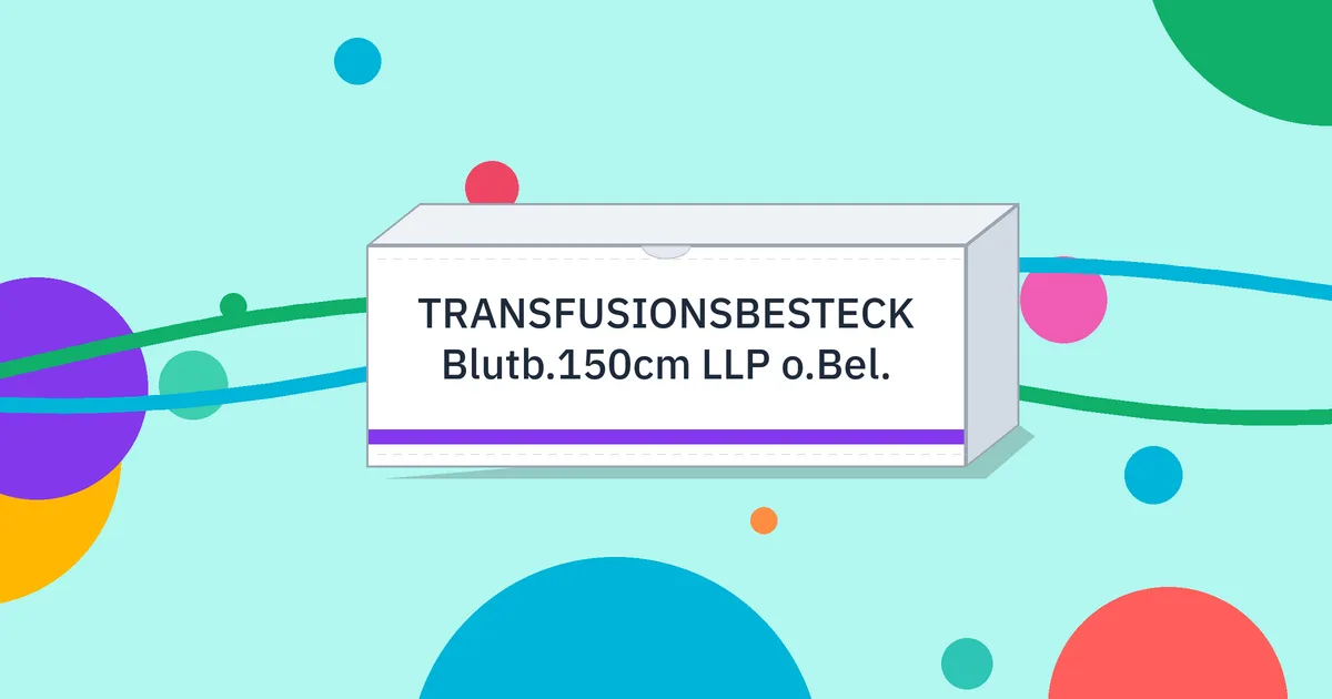 Symbolbild: Packung mit der Aufschrift TRANSFUSIONSBESTECK Blutb.150cm LLP o.Bel. (PZN 02763104) – Verfügbarkeit und Bezug in Apotheken in Frankfurt am Main