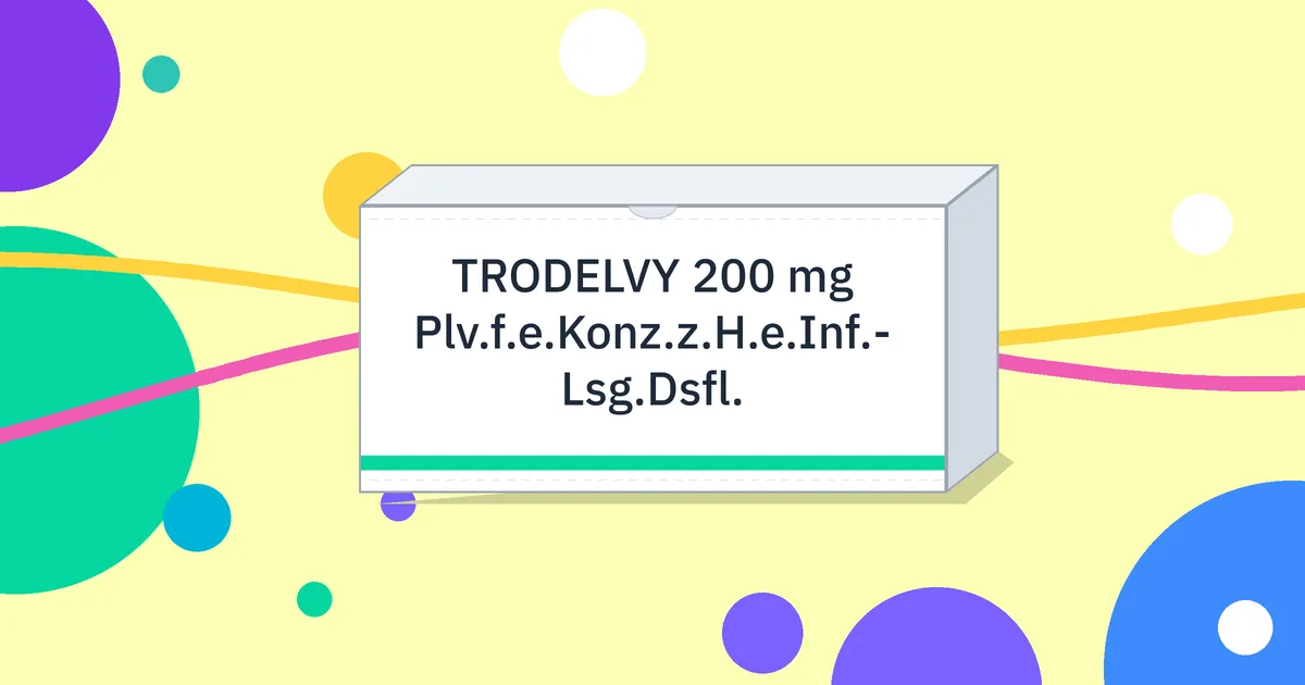 Symbolbild: Packung mit der Aufschrift TRODELVY 200 mg Plv.f.e.Konz.z.H.e.Inf.-Lsg.Dsfl. (PZN 17604305) – Verfügbarkeit und Bezug in Apotheken in Frankfurt am Main