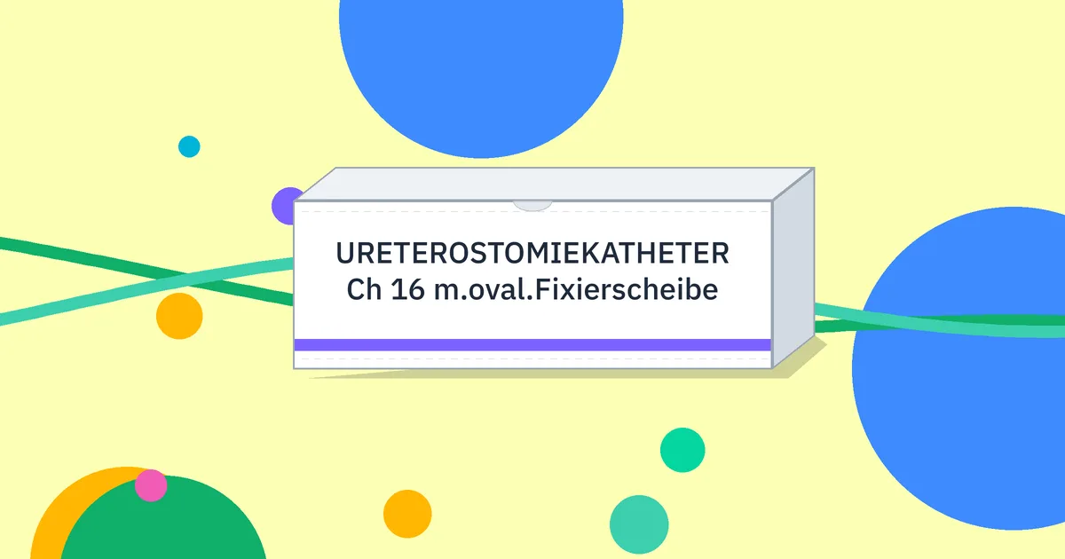 Symbolbild: Packung mit der Aufschrift URETEROSTOMIEKATHETER Ch 16 m.oval.Fixierscheibe (PZN 17509009) – Verfügbarkeit und Bezug in Apotheken in Frankfurt am Main