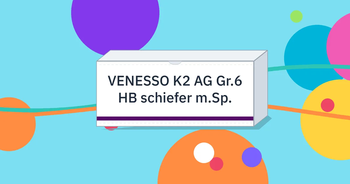 Symbolbild: Packung mit der Aufschrift VENESSO K2 AG Gr.6 HB schiefer m.Sp. (PZN 03263941) – Verfügbarkeit und Bezug in Apotheken in Frankfurt am Main