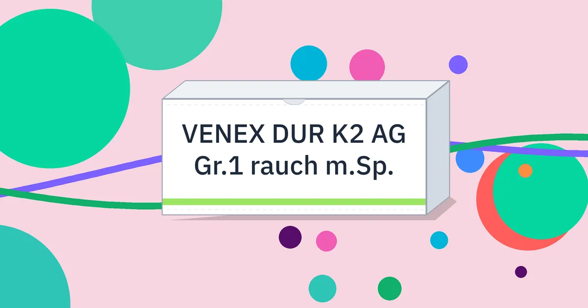 Symbolbild: Packung mit der Aufschrift VENEX DUR K2 AG Gr.1 rauch m.Sp. (PZN 03212895) – Verfügbarkeit und Bezug in Apotheken in Frankfurt am Main