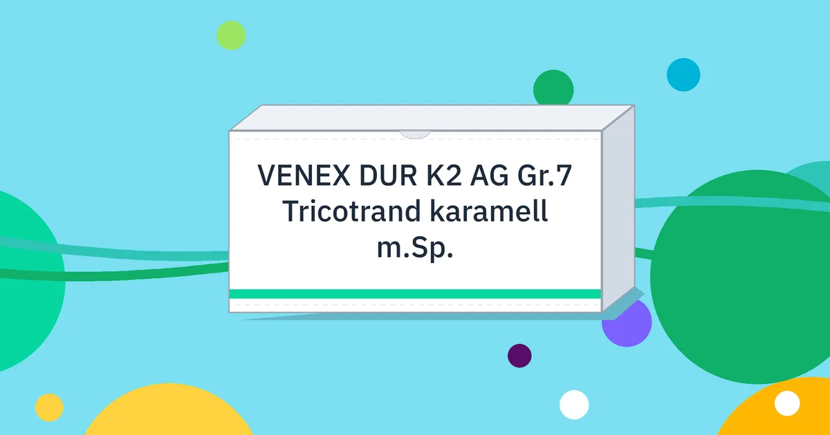 Symbolbild: Packung mit der Aufschrift VENEX DUR K2 AG Gr.7 Tricotrand karamell m.Sp. (PZN 13762869) – Verfügbarkeit und Bezug in Apotheken in Frankfurt am Main