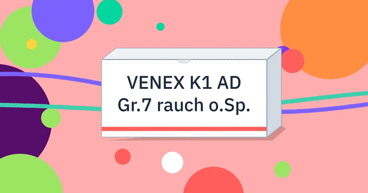 Symbolbild: Packung mit der Aufschrift VENEX K1 AD Gr.7 rauch o.Sp. (PZN 03184940) – Verfügbarkeit und Bezug in Apotheken in Frankfurt am Main