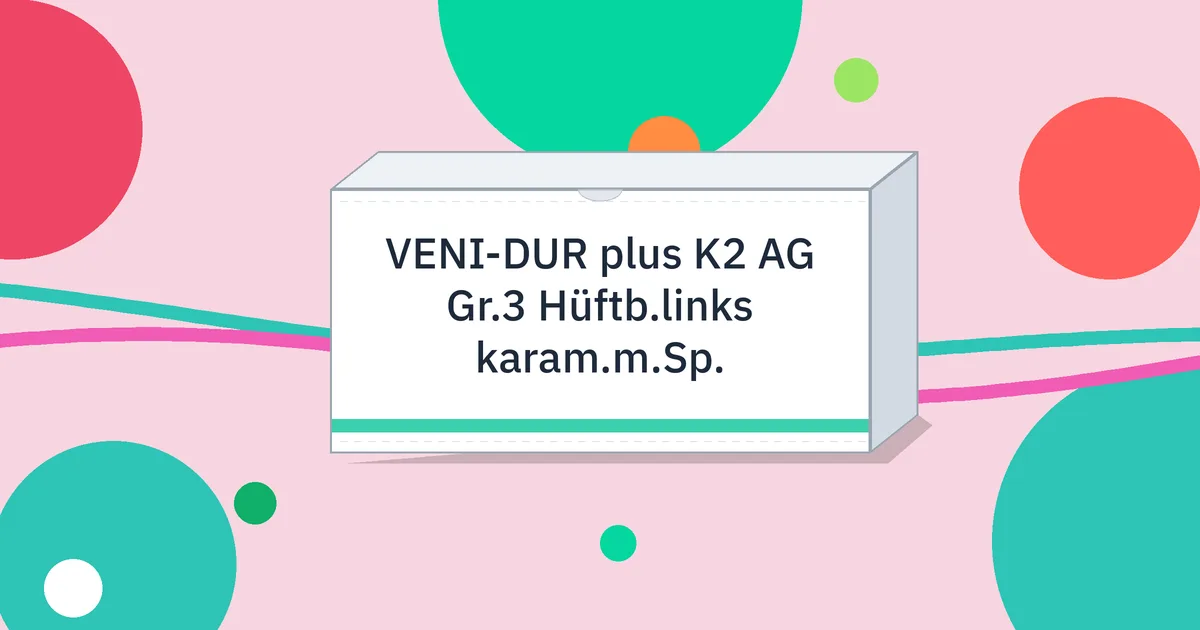 Symbolbild: Packung mit der Aufschrift VENI-DUR plus K2 AG Gr.3 Hüftb.links karam.m.Sp. (PZN 13760741) – Verfügbarkeit und Bezug in Apotheken in Frankfurt am Main