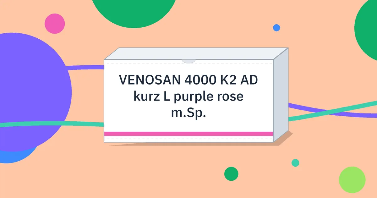 Symbolbild: Packung mit der Aufschrift VENOSAN 4000 K2 AD kurz L purple rose m.Sp. (PZN 18847665) – Verfügbarkeit und Bezug in Apotheken in Frankfurt am Main