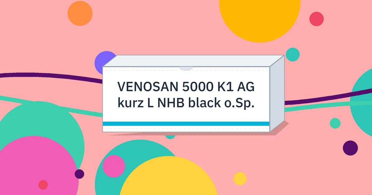 Symbolbild: Packung mit der Aufschrift VENOSAN 5000 K1 AG kurz L NHB black o.Sp. (PZN 14433027) – Verfügbarkeit und Bezug in Apotheken in Frankfurt am Main