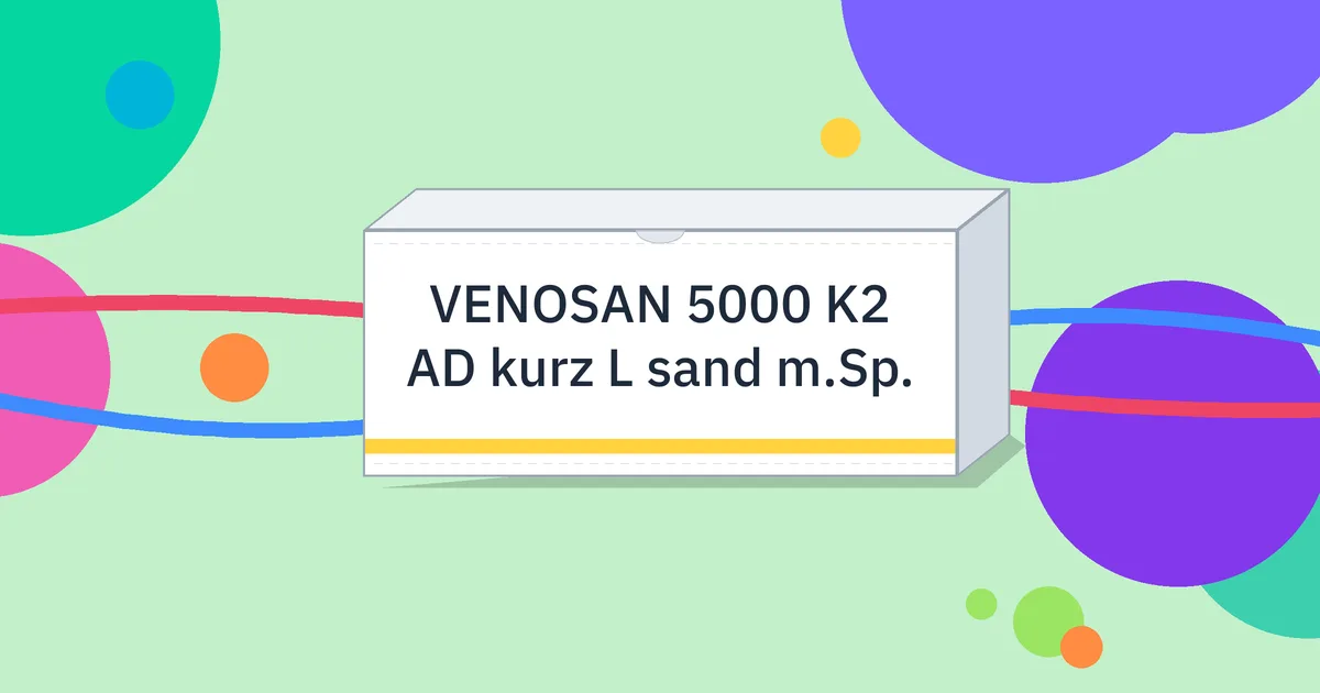 Symbolbild: Packung mit der Aufschrift VENOSAN 5000 K2 AD kurz L sand m.Sp. (PZN 14428658) – Verfügbarkeit und Bezug in Apotheken in Frankfurt am Main