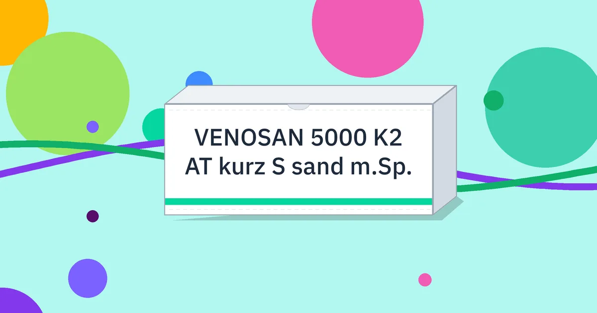 Symbolbild: Packung mit der Aufschrift VENOSAN 5000 K2 AT kurz S sand m.Sp. (PZN 14428718) – Verfügbarkeit und Bezug in Apotheken in Frankfurt am Main