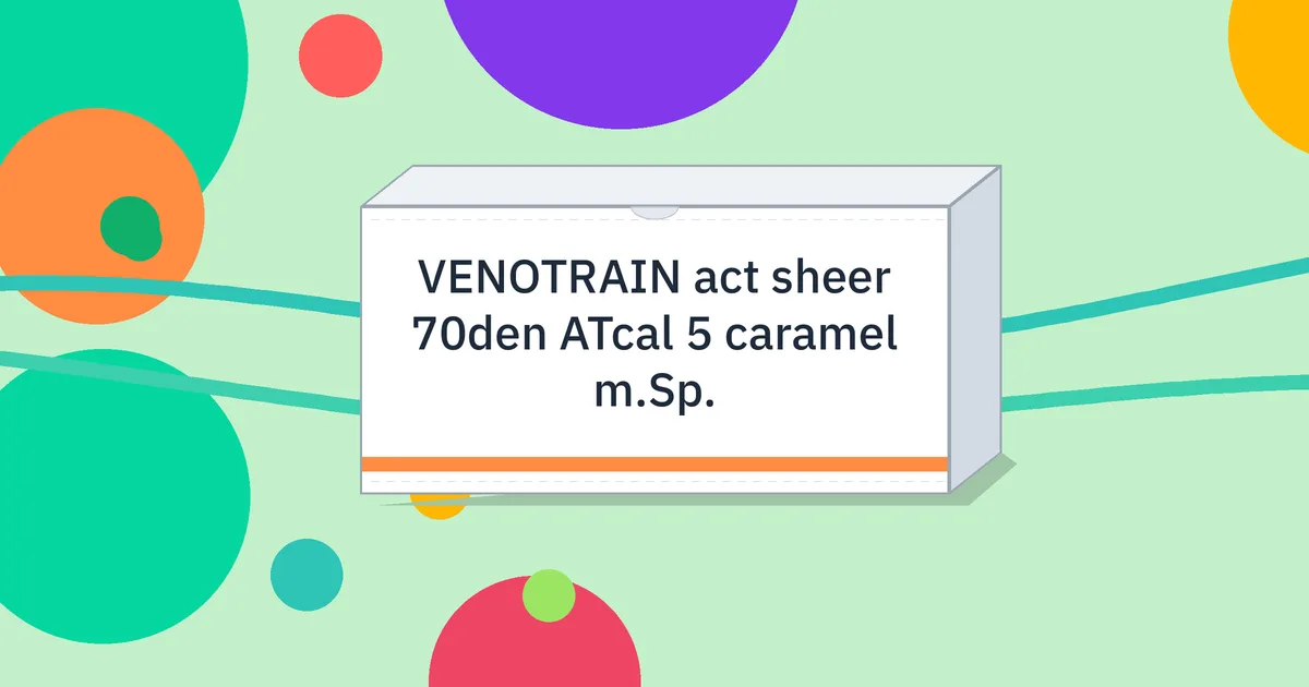 Symbolbild: Packung mit der Aufschrift VENOTRAIN act sheer 70den ATcal 5 caramel m.Sp. (PZN 16207602) – Verfügbarkeit und Bezug in Apotheken in Frankfurt am Main