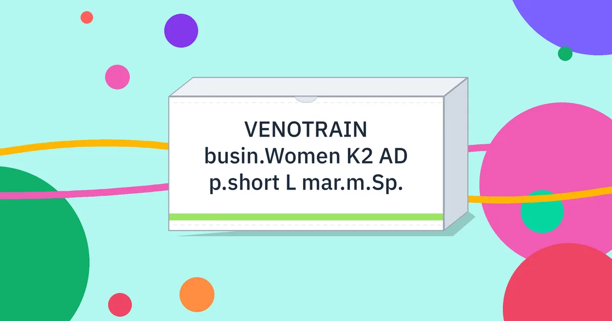 Symbolbild: Packung mit der Aufschrift VENOTRAIN busin.Women K2 AD p.short L mar.m.Sp. (PZN 10195996) – Verfügbarkeit und Bezug in Apotheken in Frankfurt am Main