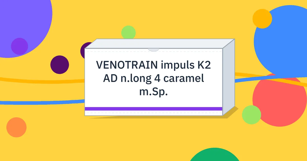 Symbolbild: Packung mit der Aufschrift VENOTRAIN impuls K2 AD n.long 4 caramel m.Sp. (PZN 00610738) – Verfügbarkeit und Bezug in Apotheken in Frankfurt am Main