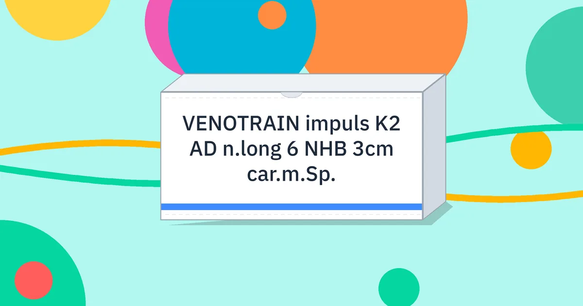Symbolbild: Packung mit der Aufschrift VENOTRAIN impuls K2 AD n.long 6 NHB 3cm car.m.Sp. (PZN 00646357) – Verfügbarkeit und Bezug in Apotheken in Frankfurt am Main